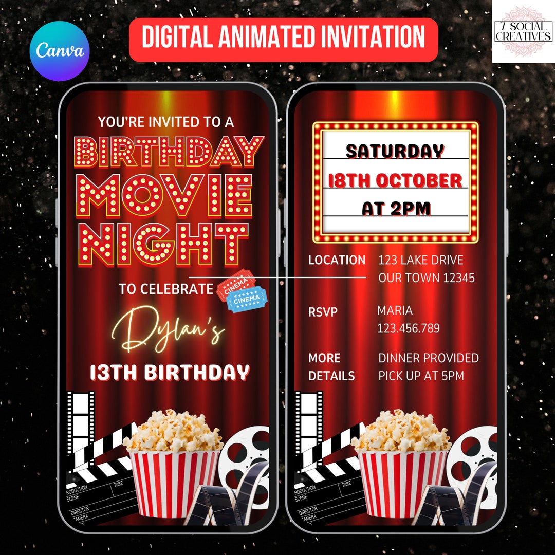 Birthday Movie Night Invitation. Digital Animated Cinema Party Invite ...