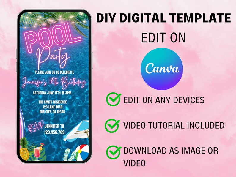 Pool Party Birthday Invitation Video. Neon Pink Teen or Kids Girls ...