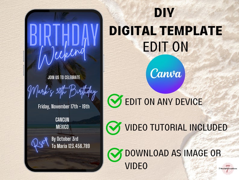 Blue Birthday Weekend Itinerary Template. Digital Tropical Beach Theme ...