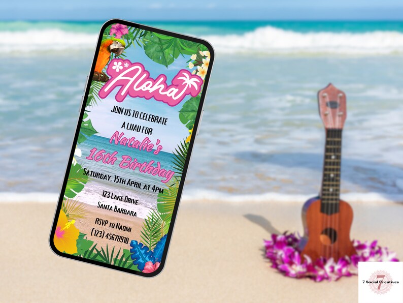 Aloha Luau Party Invitation in Pink. Digital Animated Invite With ...