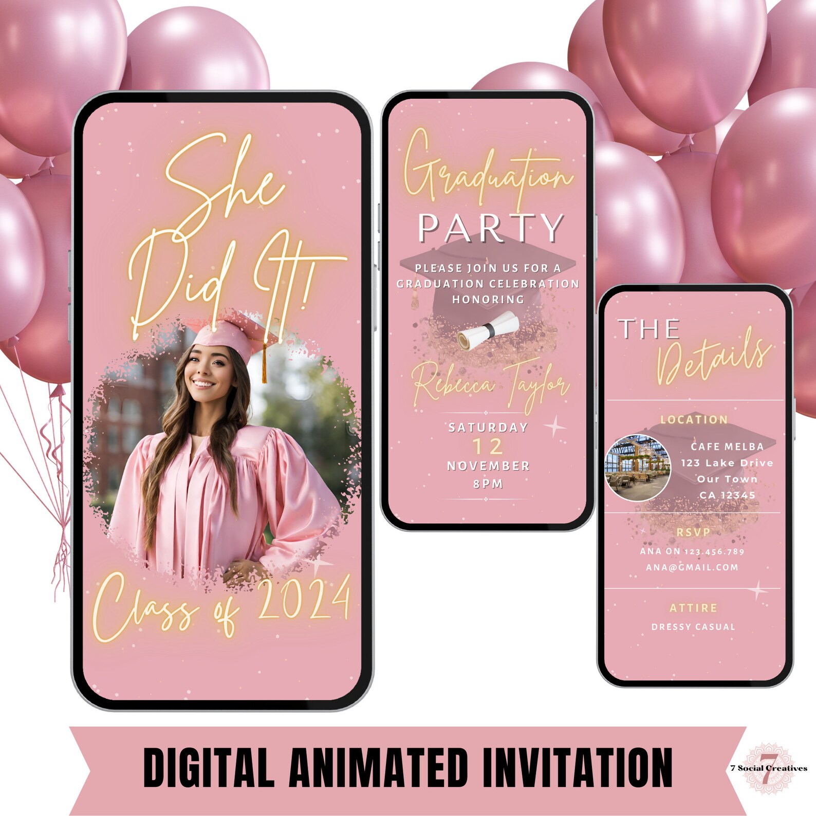 Graduation Party Invitation With Photo Pink. Digital Girls Class of ...