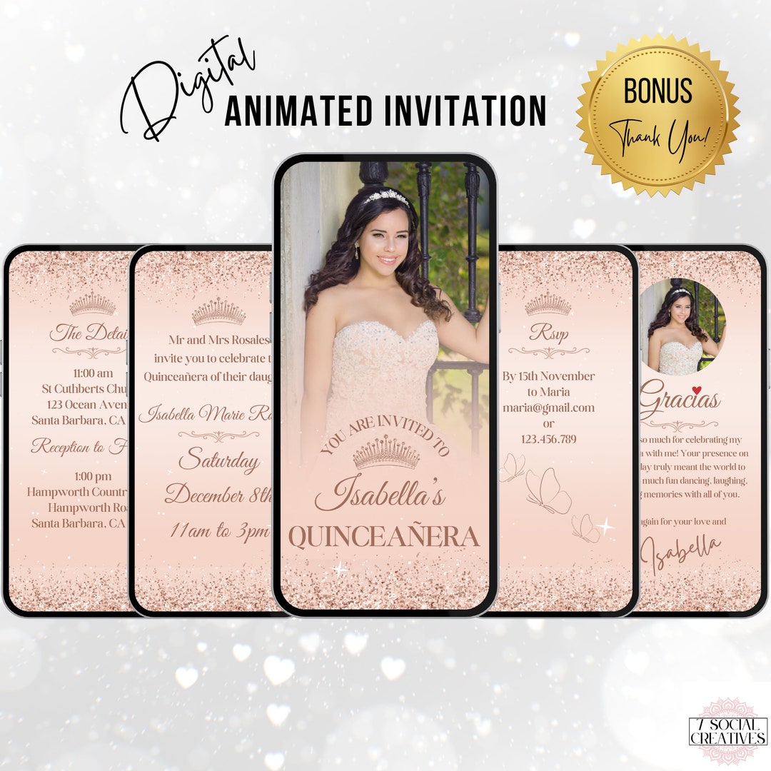 Rose Gold Quinceanera Invitation With Photo. Digital Mis Quince Anos ...