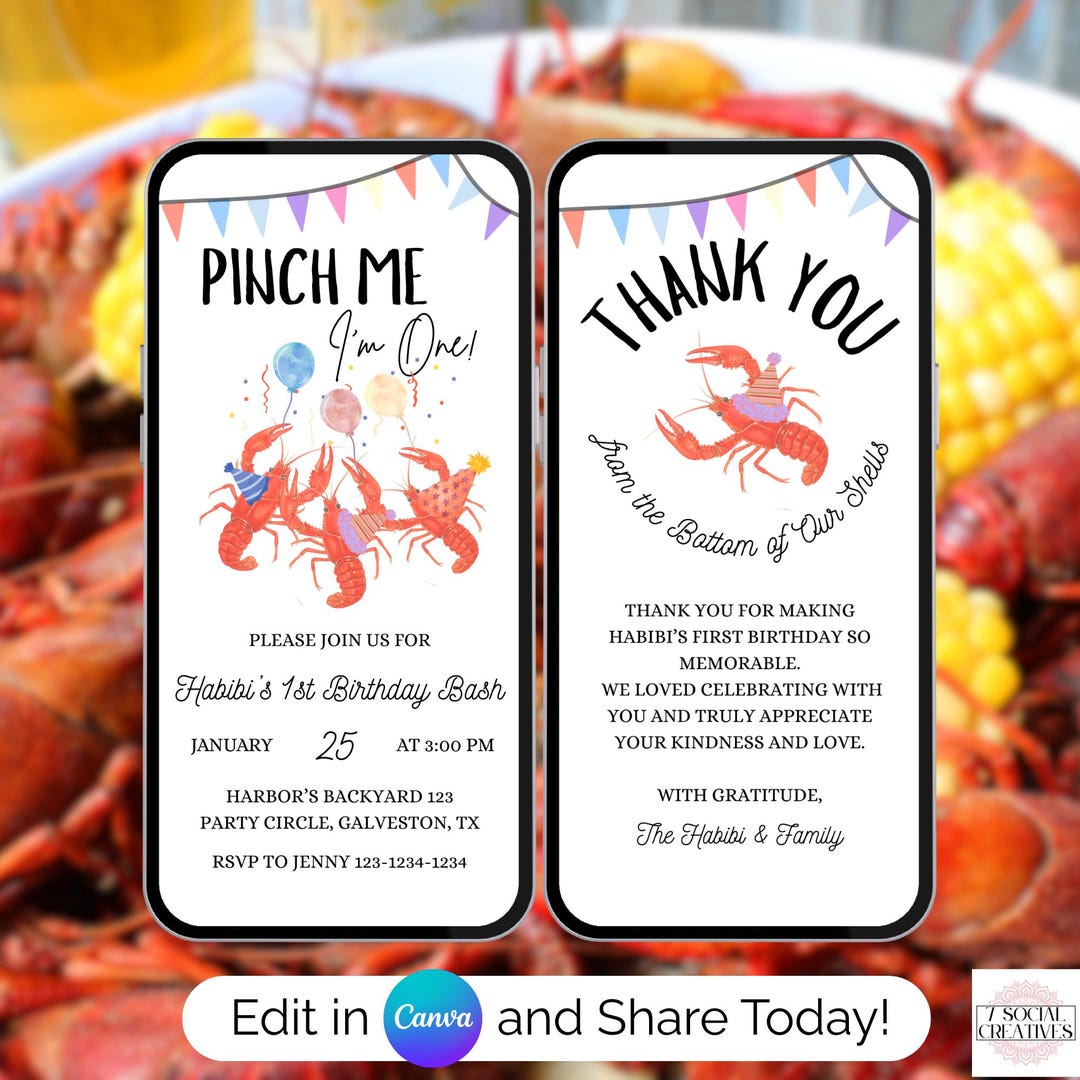 Crawfish Boil 1st Birthday Invitation With Thank You. Pinch Me I'm One ...