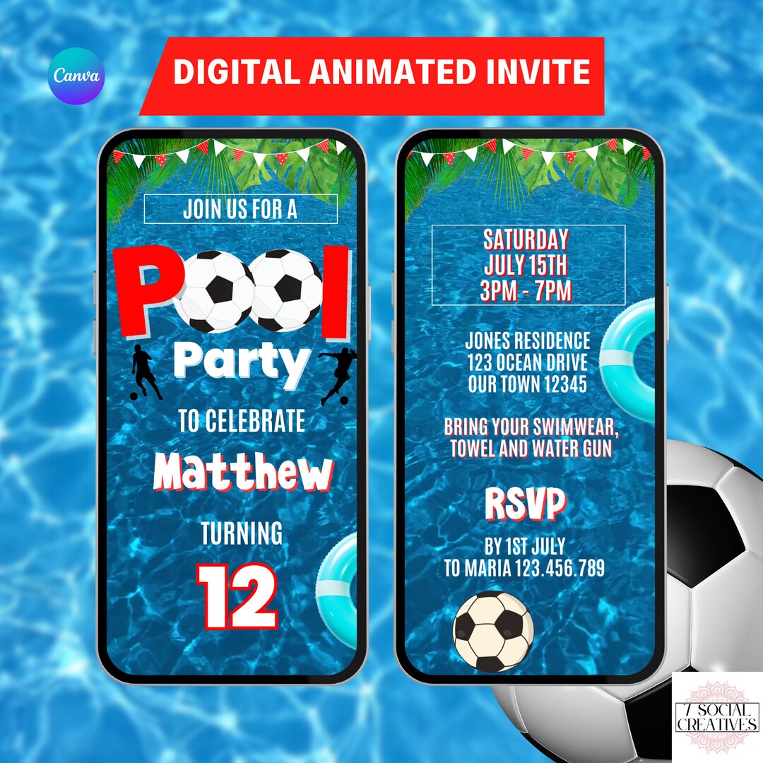 Digital Soccer Pool Party Invitation. Animated Sports Summer Birthday ...