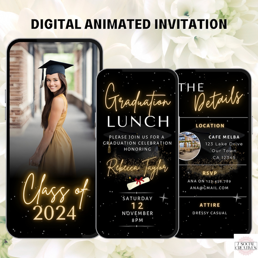 Graduation Lunch Invitation With Photo. Digital Black and Gold Class of ...