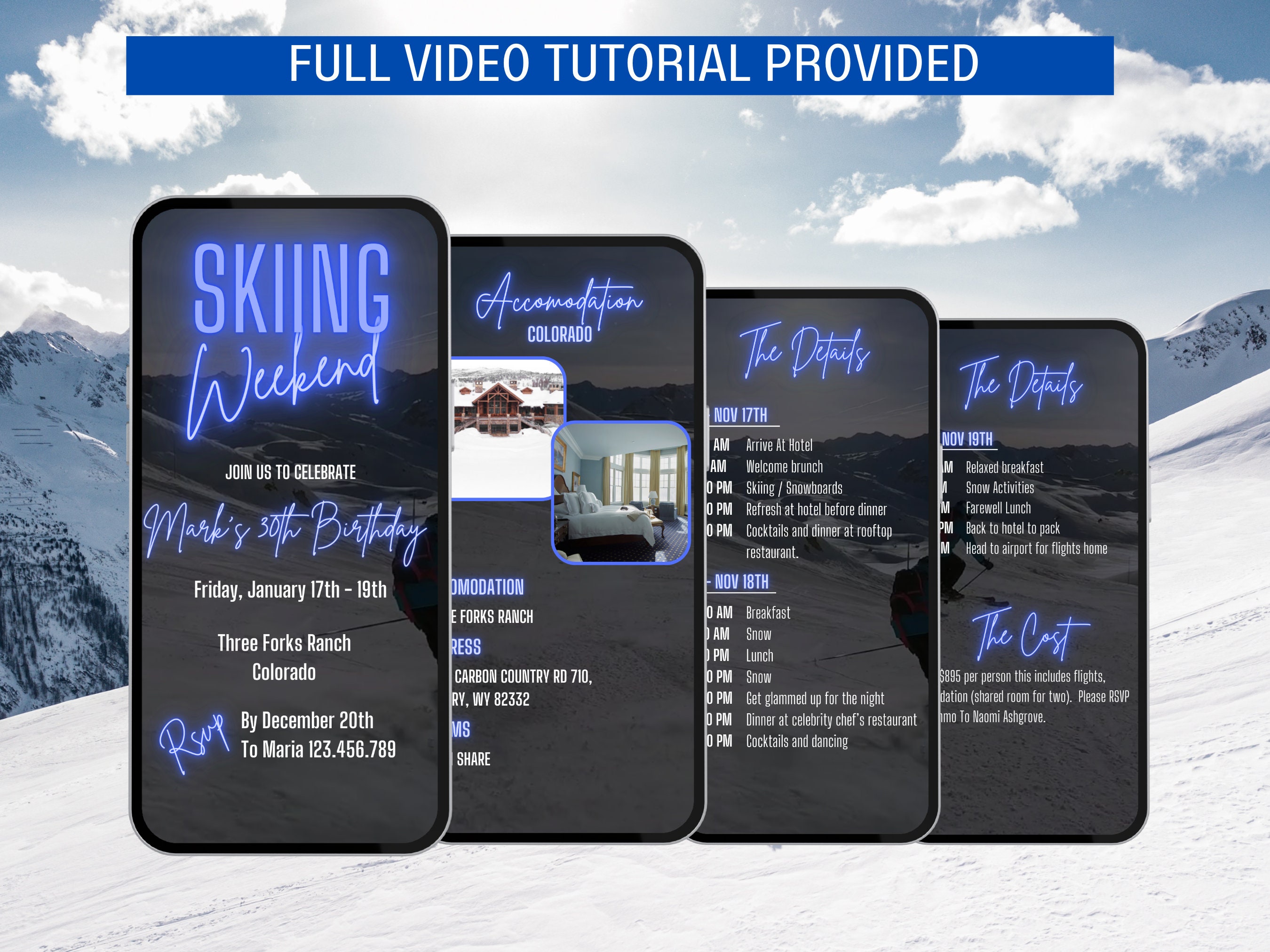 Skiing Trip Itinerary Invitation. Animated Digital Aspen Ski Holiday ...