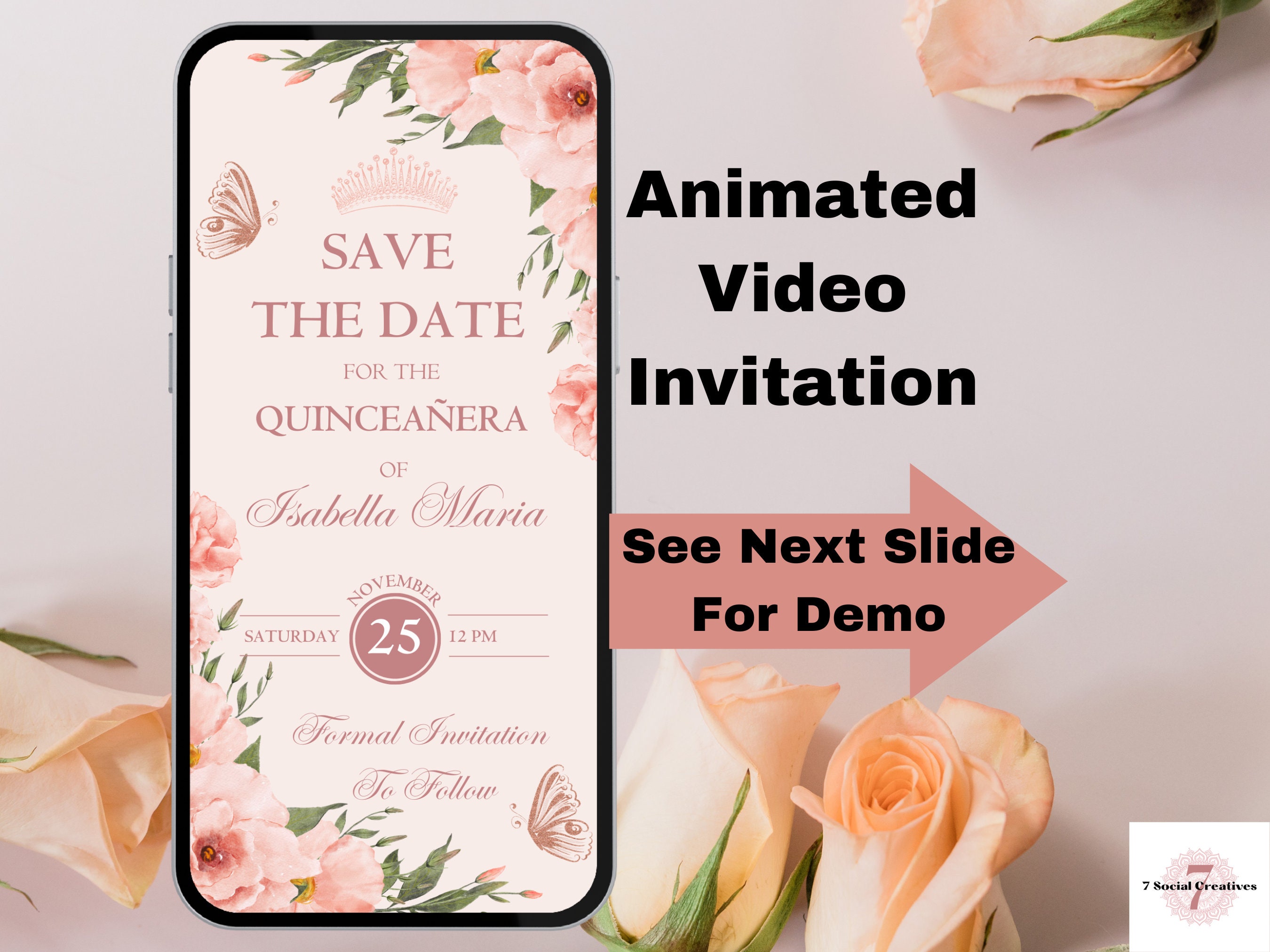 Quinceañera Save the Date Invitation Pink Floral. Animated Digital ...