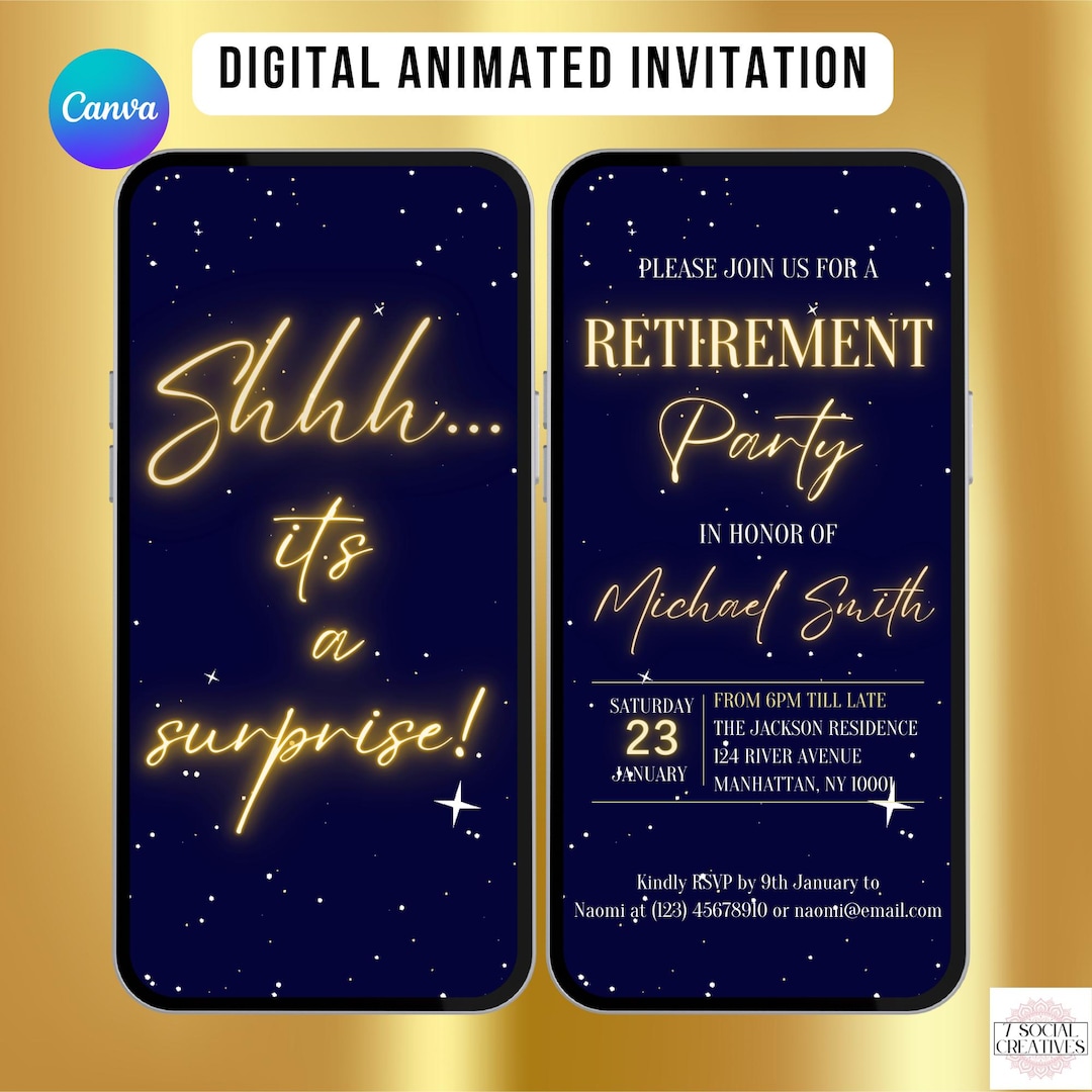 Surprise Retirement Party Invitation. Digital Navy Blue and Gold Neon ...