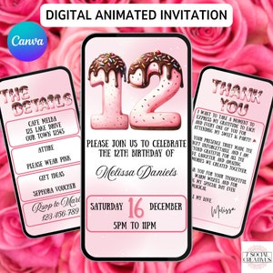 Girls 12th Birthday Party Invitation. Digital Animated Fun Donut Theme ...