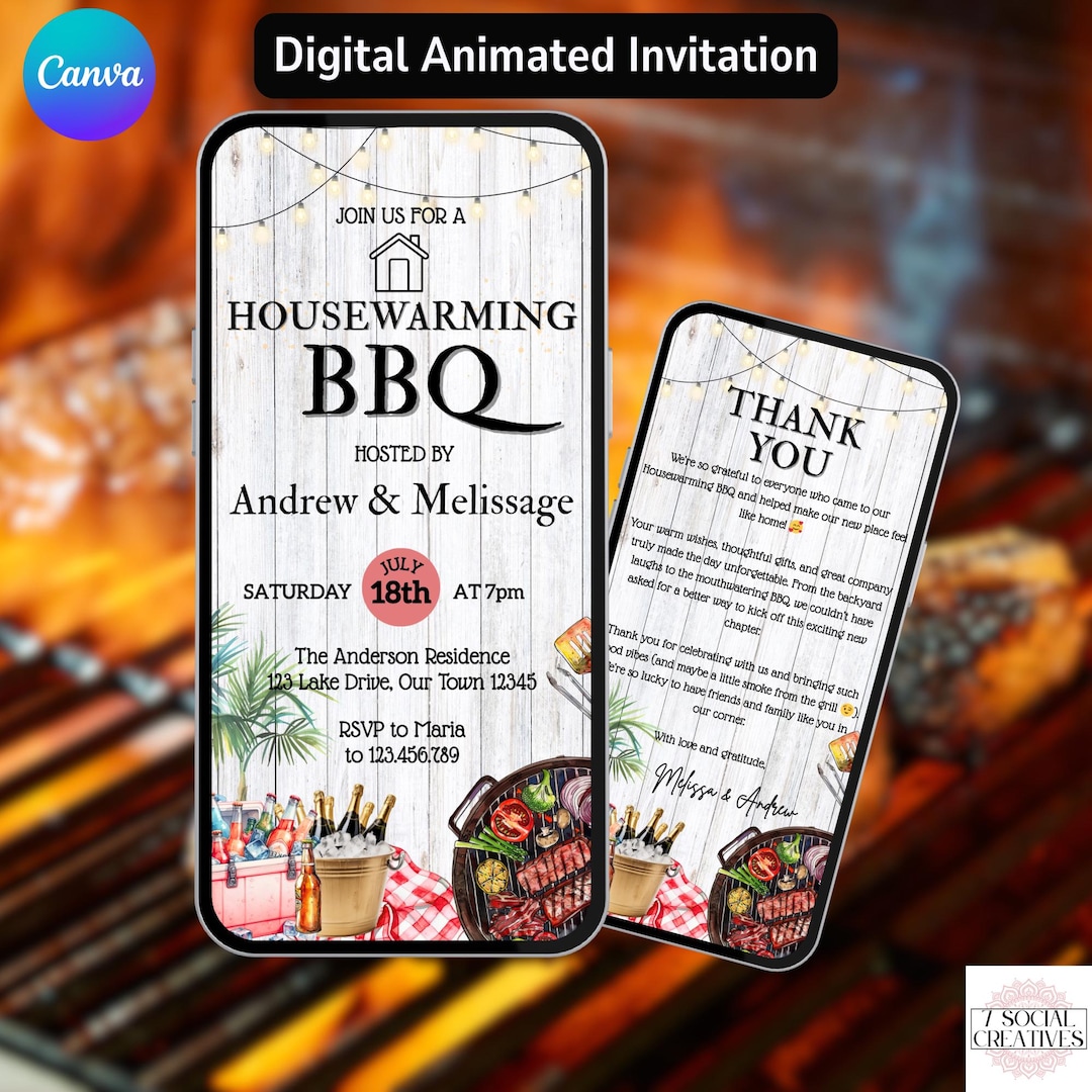 Housewarming BBQ Invitation With Thank You. Digital Backyard Barbeque ...