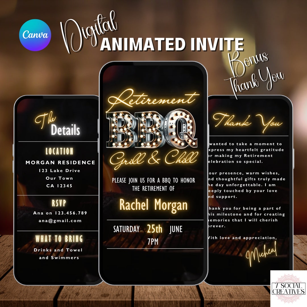Retirement BBQ Invitation With Bonus Thank You. Digital Mens or Womens ...