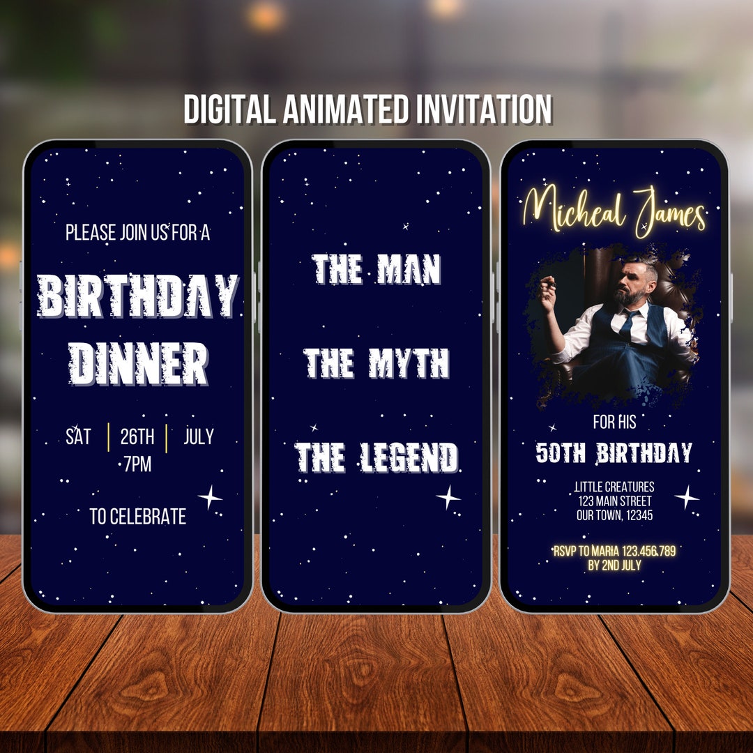 Mens Birthday Dinner Invitation Template in Blue. Digital Party Invite ...