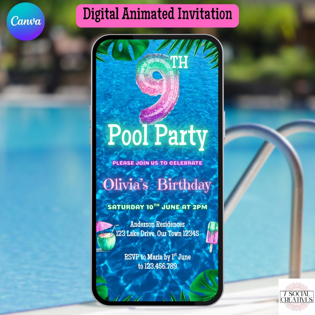 Girls 9th Pool Party Birthday Invite. Digital Animated Pink and Green ...