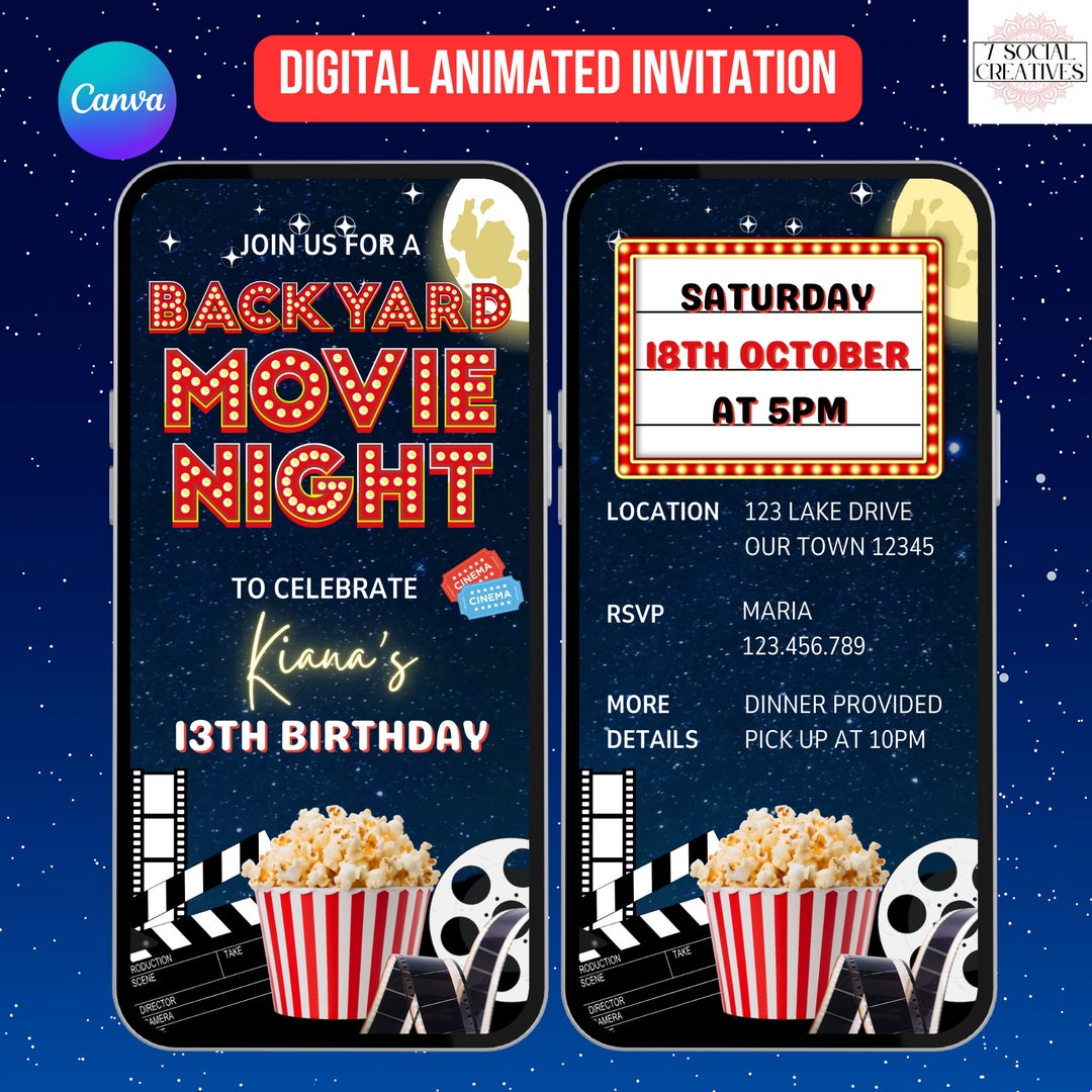 Backyard Movie Night Birthday Invitation. Digital Animated Outdoor ...