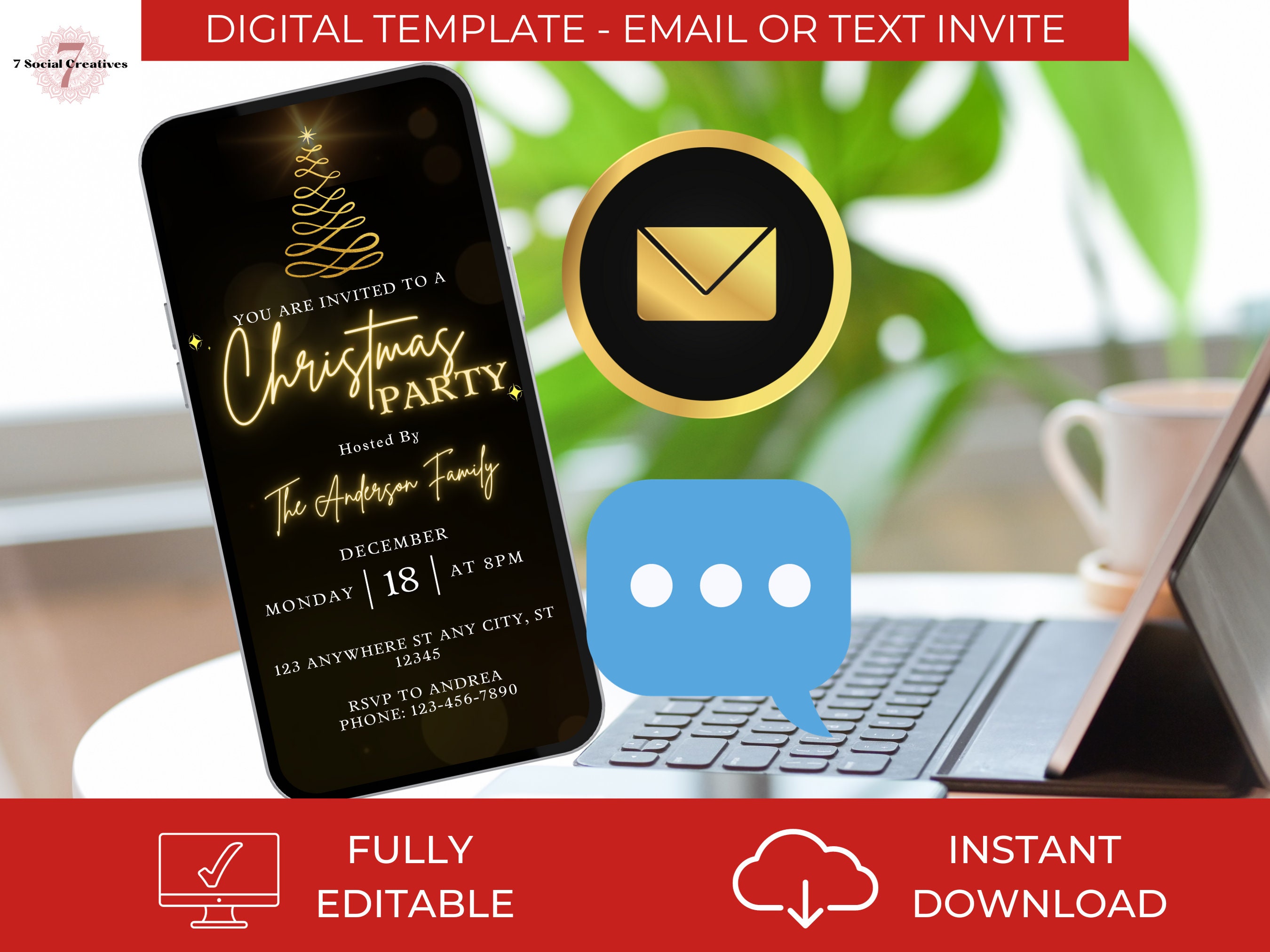 Digital Christmas Party Invitation Template. Editable Xmas Dinner, Work ...