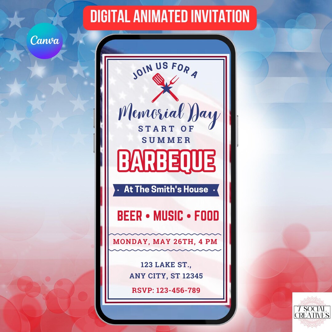 Memorial Day BBQ Invite. Digital Animated Summer Kick off Cookout Party ...