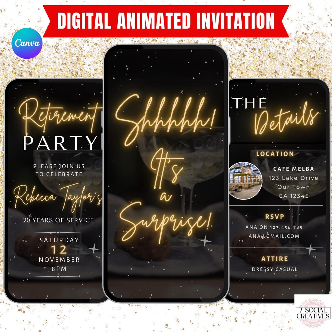 Surprise Retirement Party Invitation. Digital Animated Black and Gold ...
