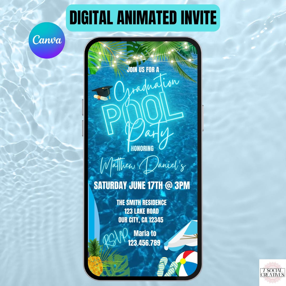 Graduation Pool Party Invitation. Blue Digital Class of 2025 ...