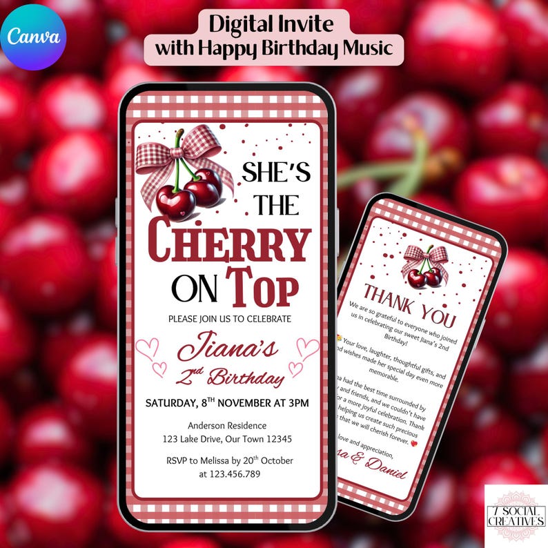 Girls Cherry Birthday Invitation With Happy Birthday Music - Cherry on ...