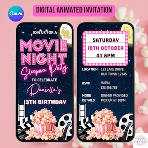 Movie Night Sleepover Invitation in Pink. Digital Animated Birthday ...