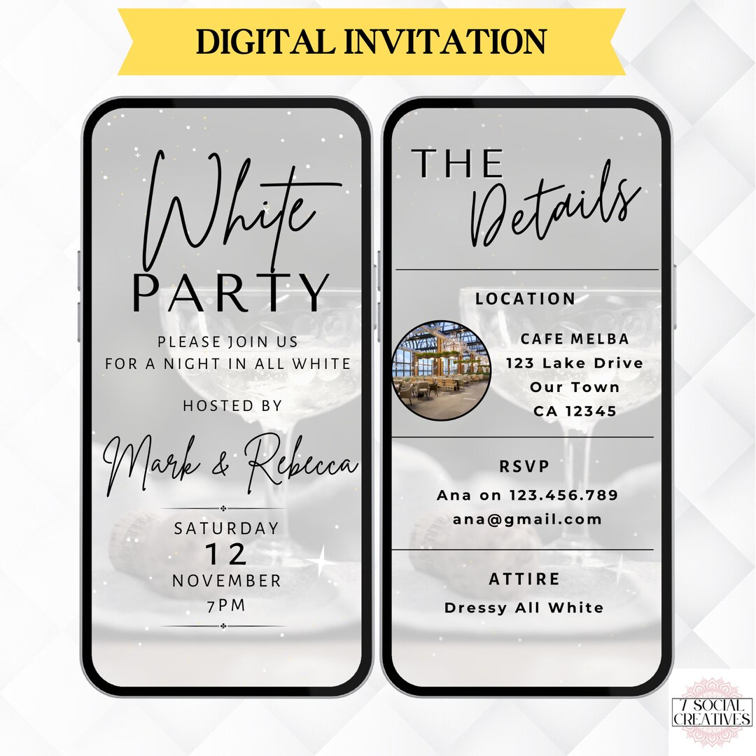White Party Invitation. Digital Night in All White Birthday or ...