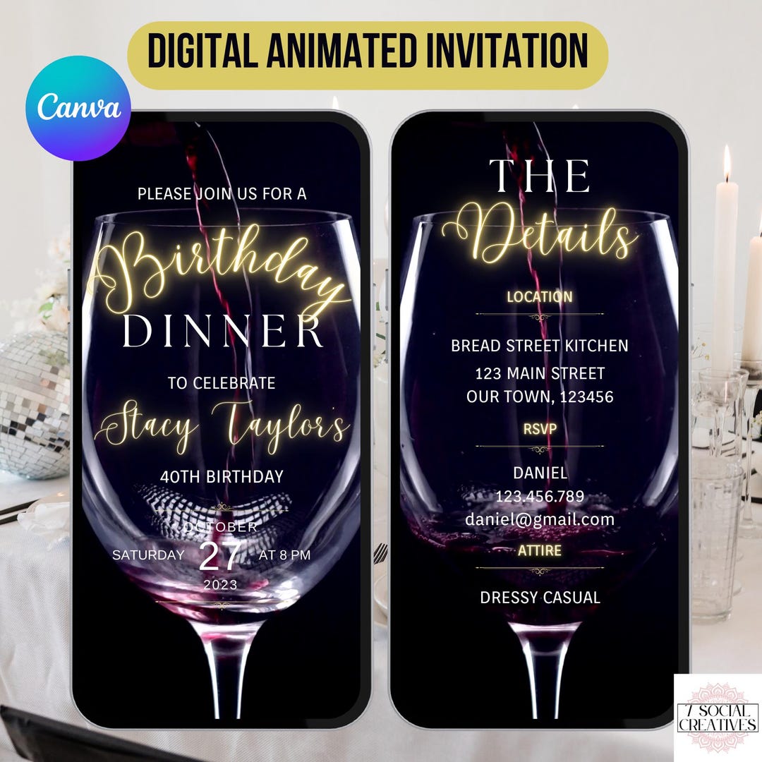 Digital Birthday Dinner Invitation. Animated Red Wine Theme Men or Women Dinner Party Invite ...