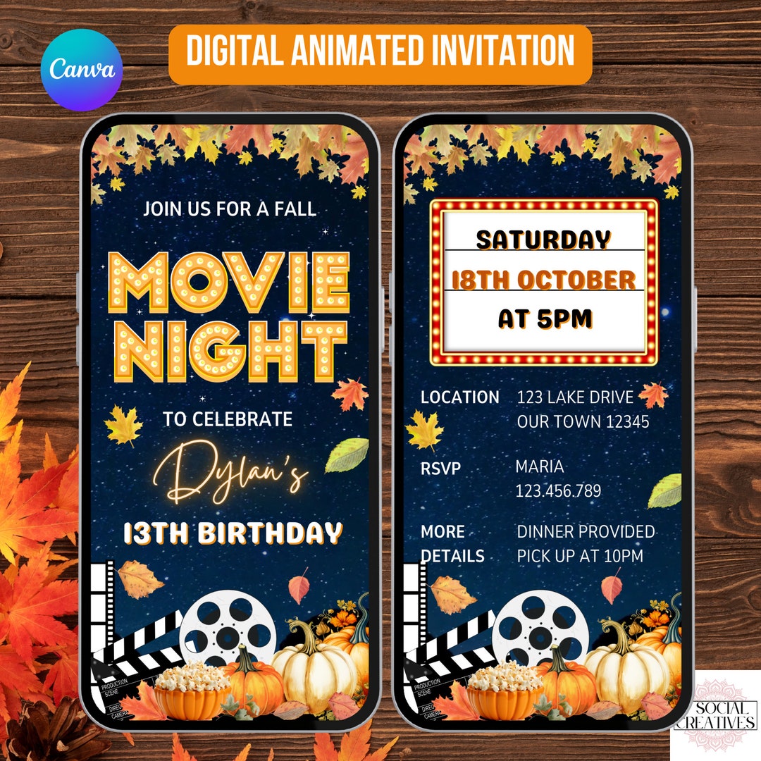 Fall Movie Night Invitation. Digital Animated Birthday Outdoor Party ...