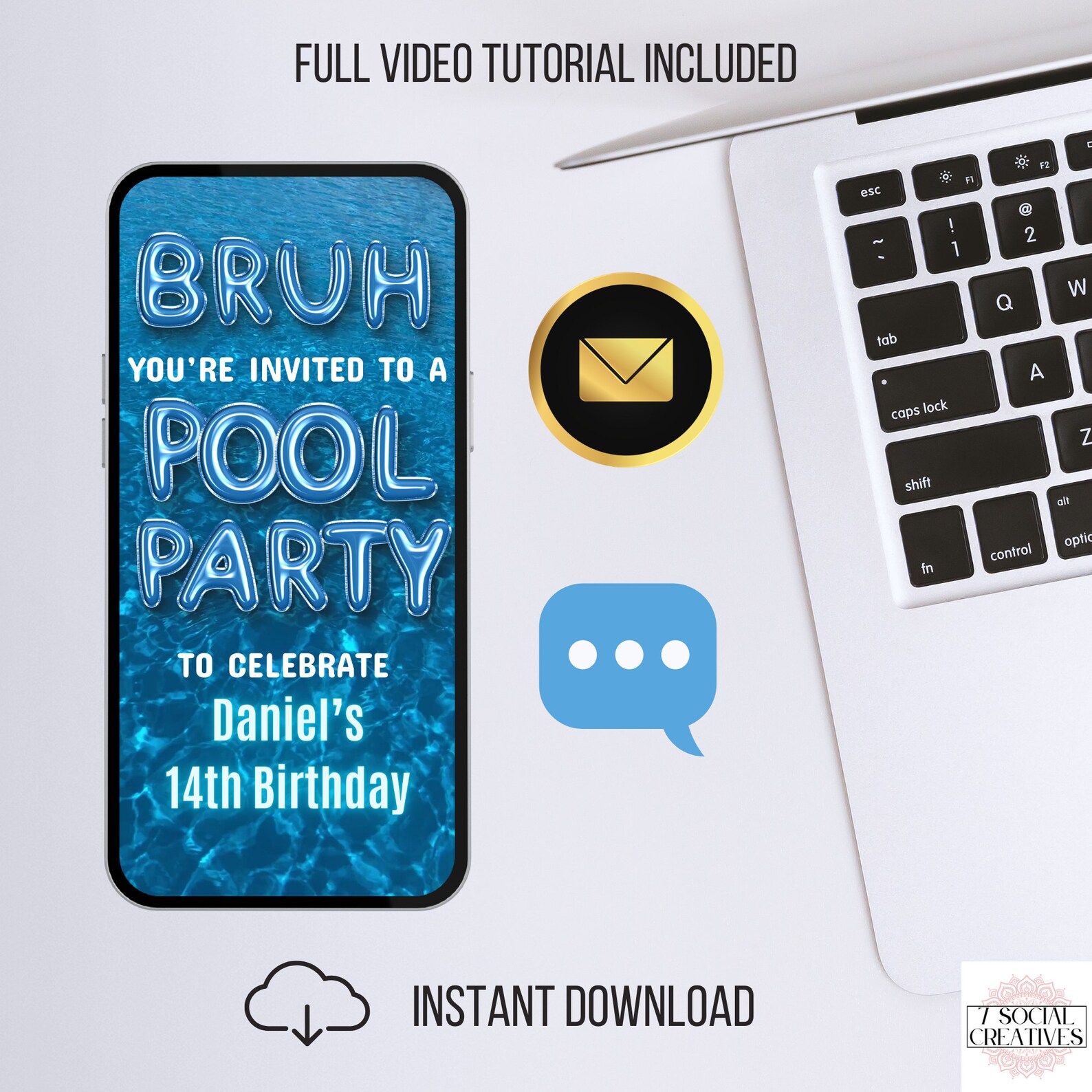 Bruh Pool Party Invitation. Digital Boys Birthday Summer Invite. Blue ...