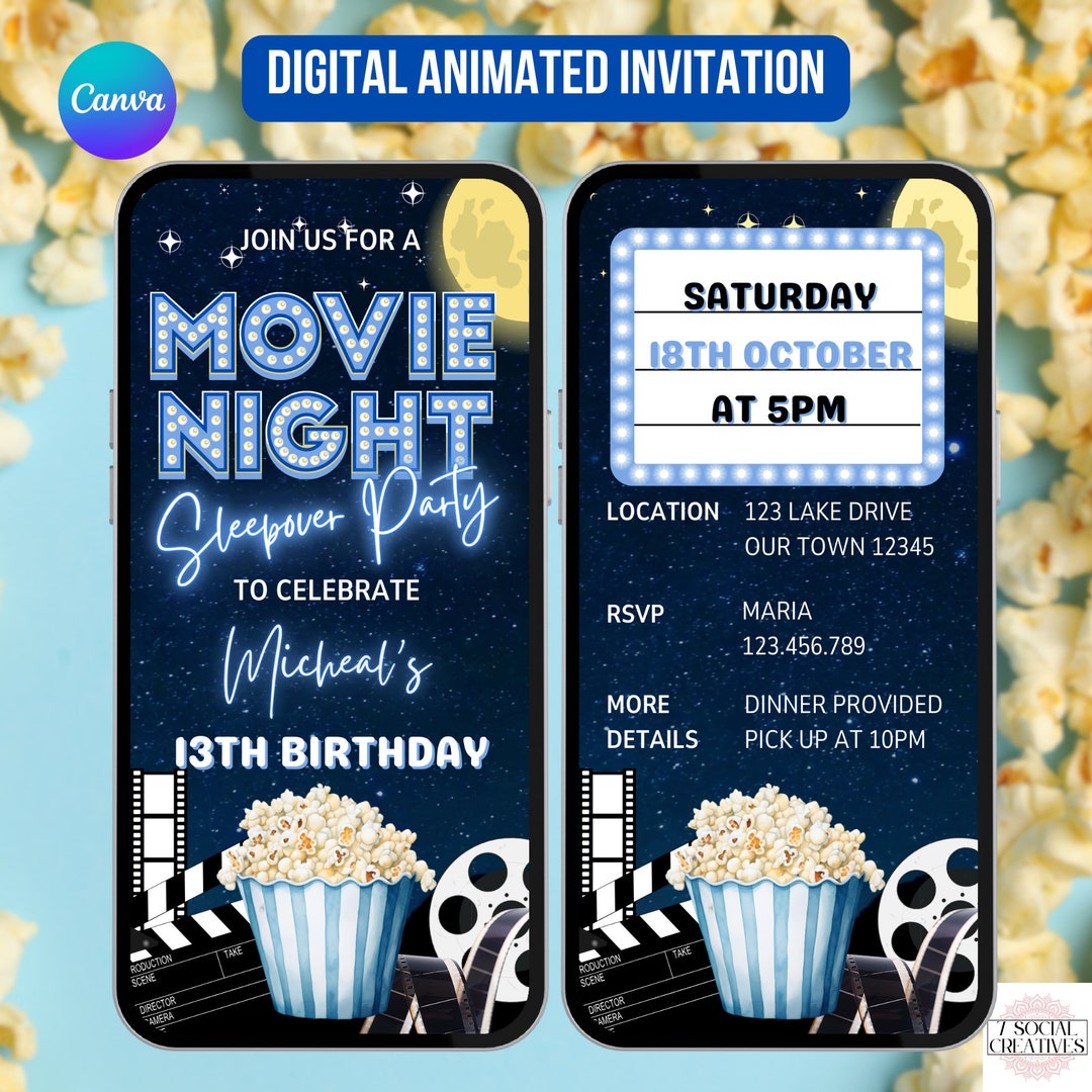 Boys Movie Night Sleepover Invitation in Blue. Digital Animated ...