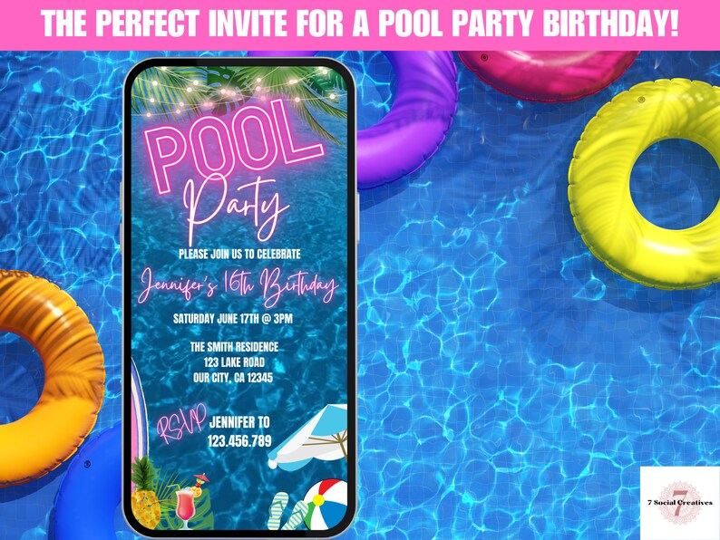 Pool Party Birthday Invitation Video. Neon Pink Teen or Kids Girls ...