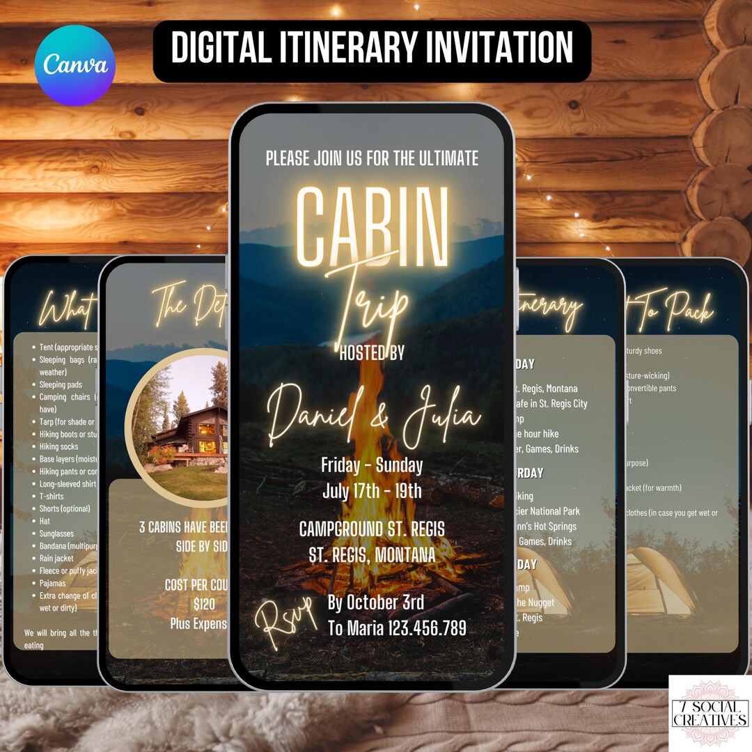 Cabin Trip Itinerary Invitation. Digital Bonfire Theme Camping Trip ...
