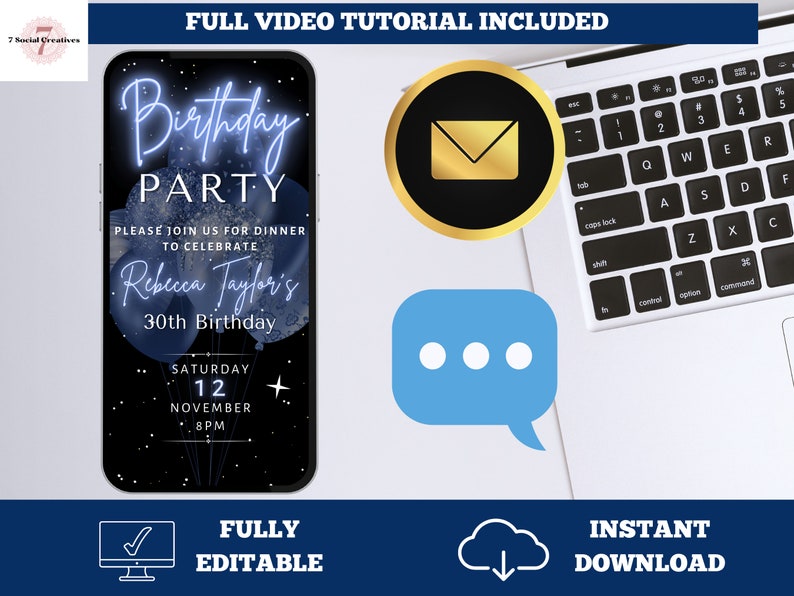 Blue Surprise Birthday Party Invitation. Digital Elegant Balloon Theme ...