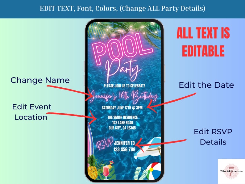 Pool Party Birthday Invitation Video. Neon Pink Teen Girls Tropical ...