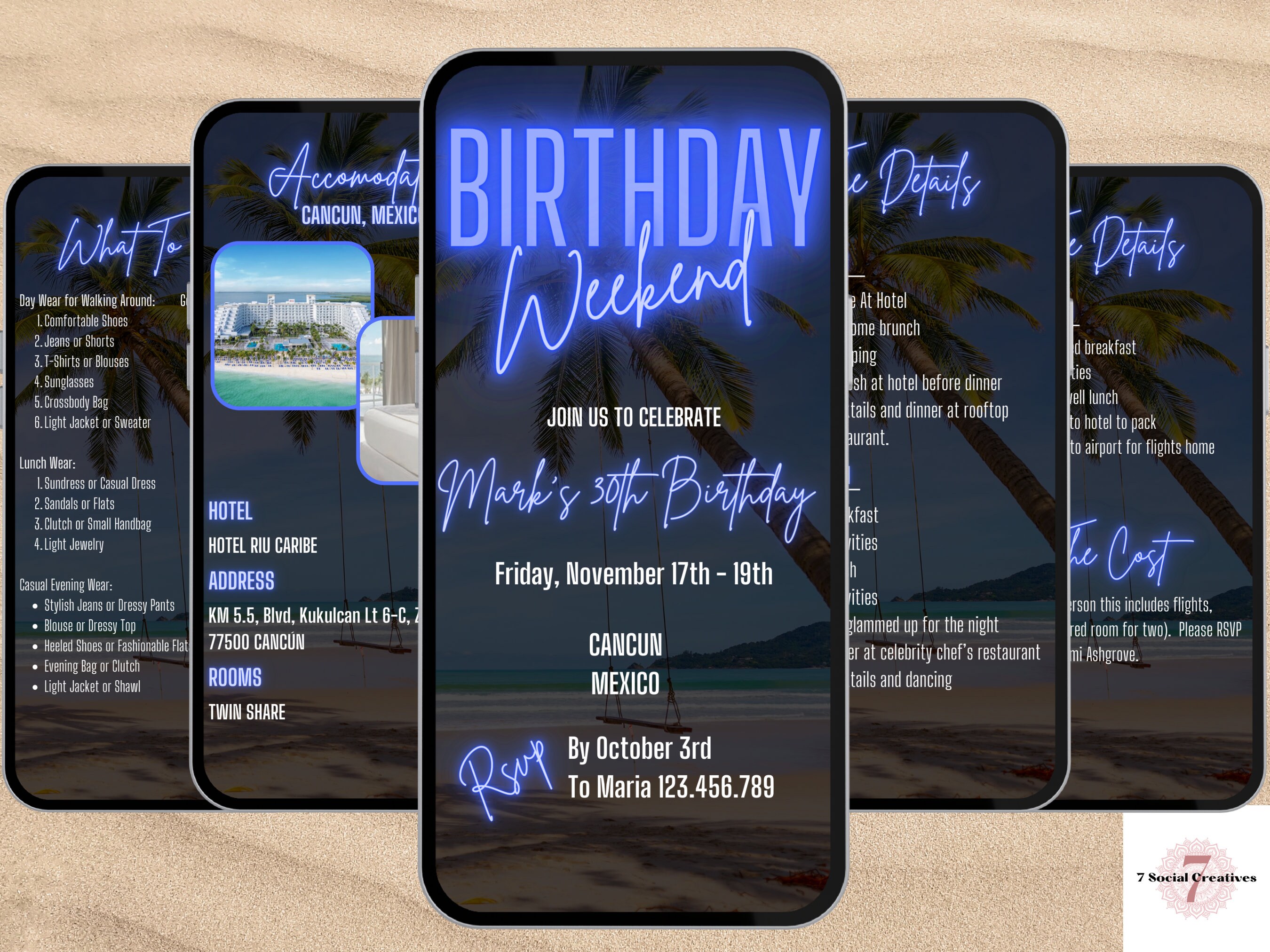 Blue Birthday Weekend Itinerary Template. Digital Tropical Beach Theme ...