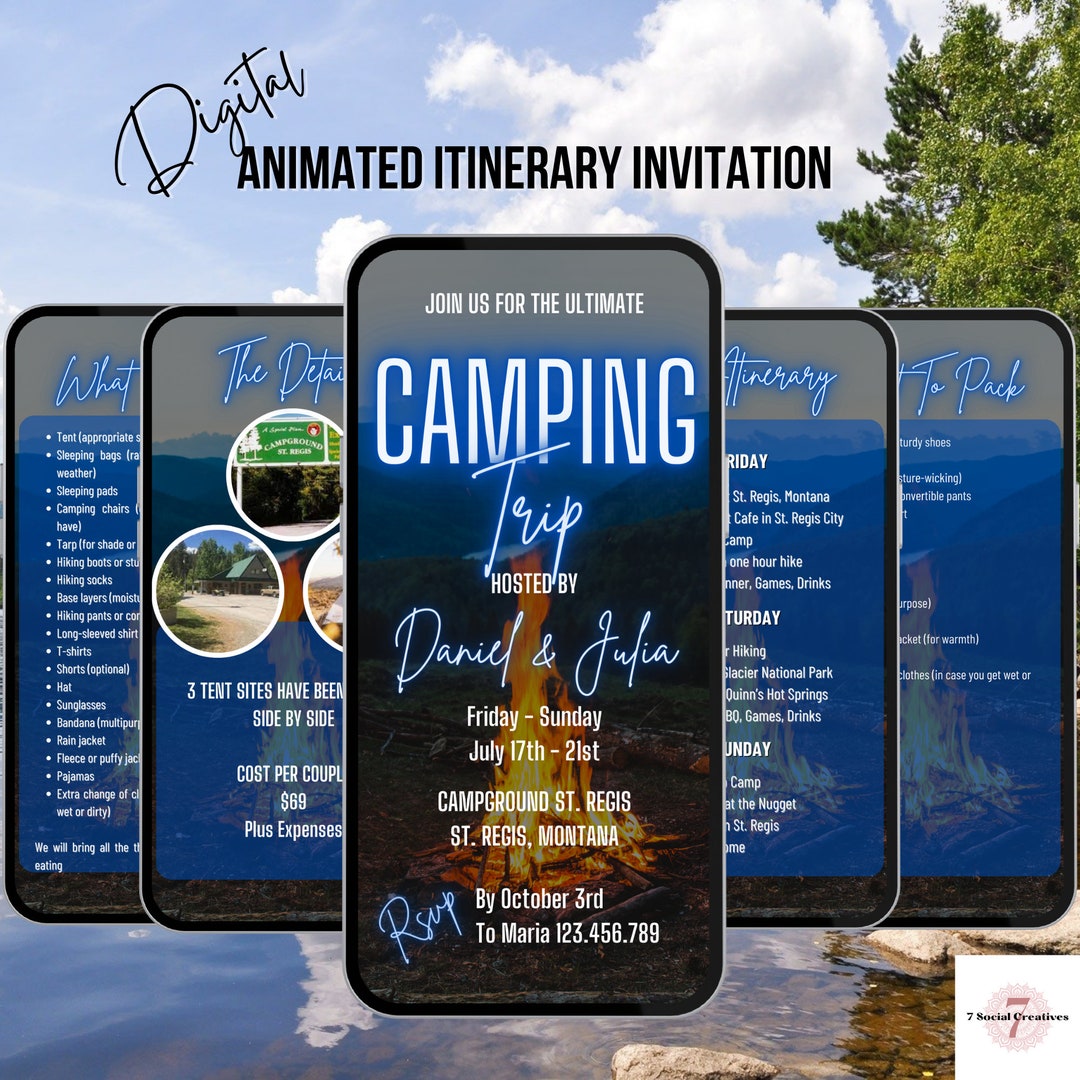 Camping Trip Itinerary Invitation. Digital Blue Campfire Theme Camp ...