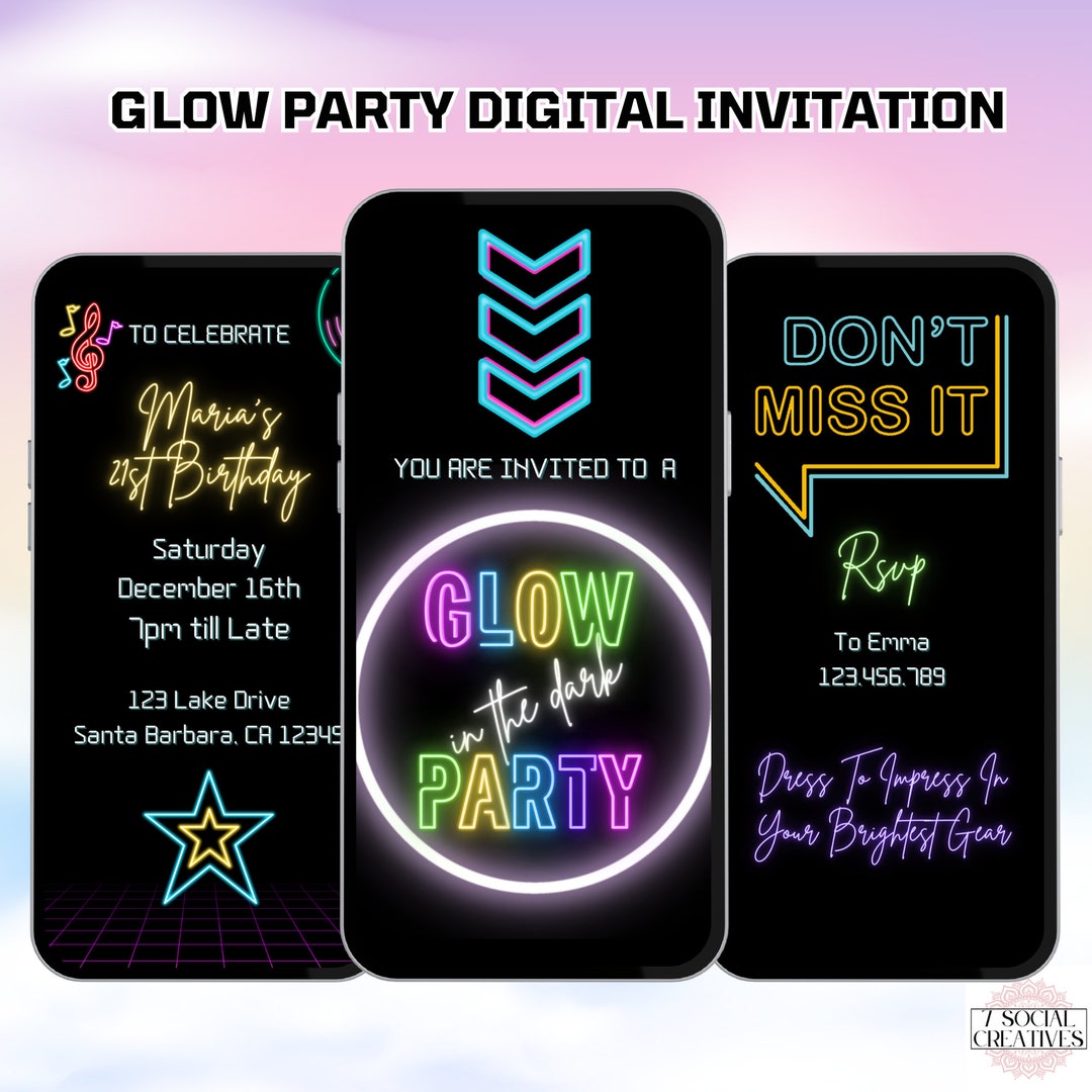 Glow Party Invite. Digital Video Neon Glow in the Dark Birthday ...