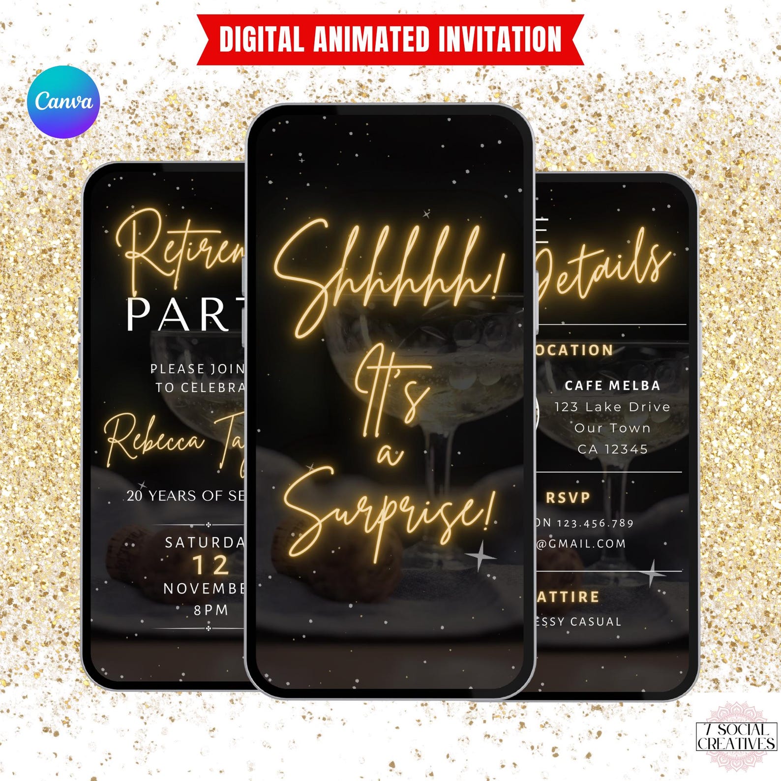 Surprise Retirement Party Invitation. Digital Animated Black and Gold ...