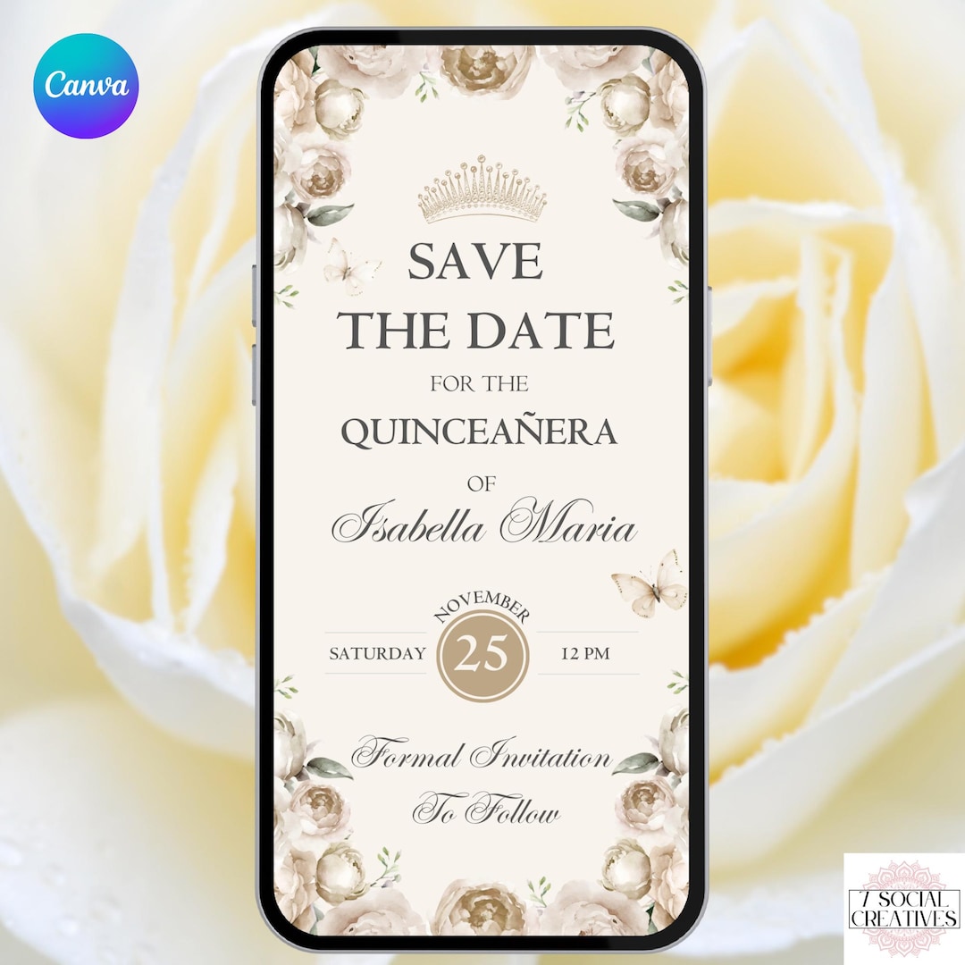 Quinceañera Save the Date Invitation Champagne Cream. Digital Mis ...