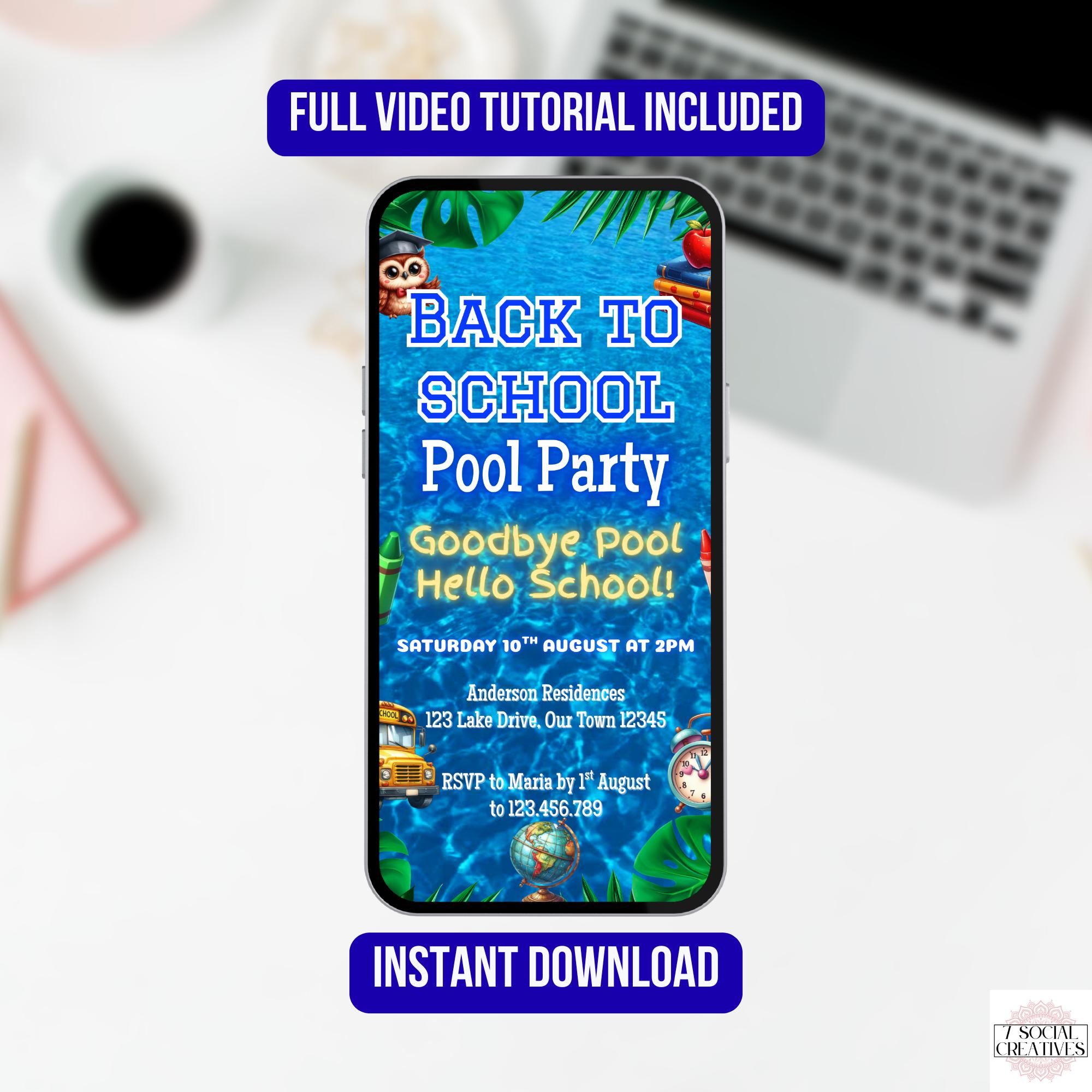 Back to School Pool Party Invitation. Digital Animated Class End of ...