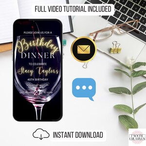 Digital Birthday Dinner Invitation. Animated Red Wine Theme Men or Women Dinner Party Invite ...