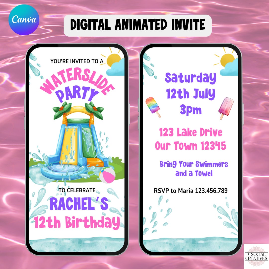 Waterslide Party Invite for Girls. Digital Animated Water Slide ...