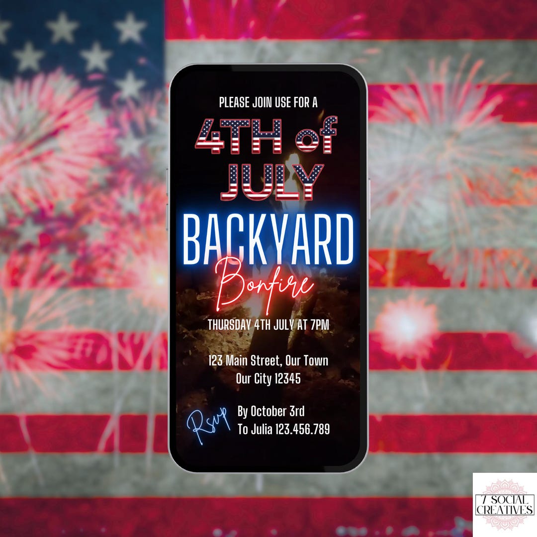 4th of July Backyard Bonfire Invitation. Digital Independence Day ...