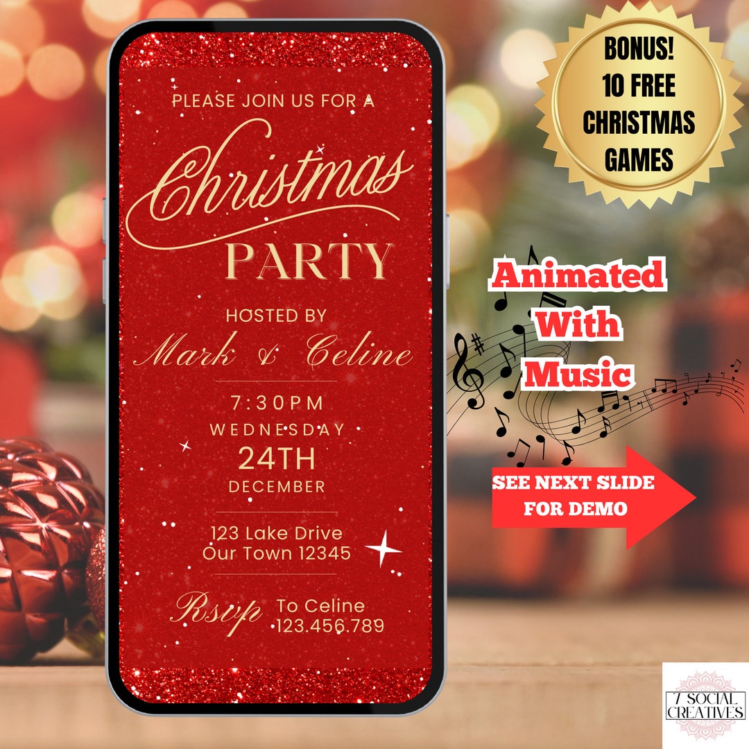 Red Christmas Party Invitation. Animated Invite With Xmas Music ...