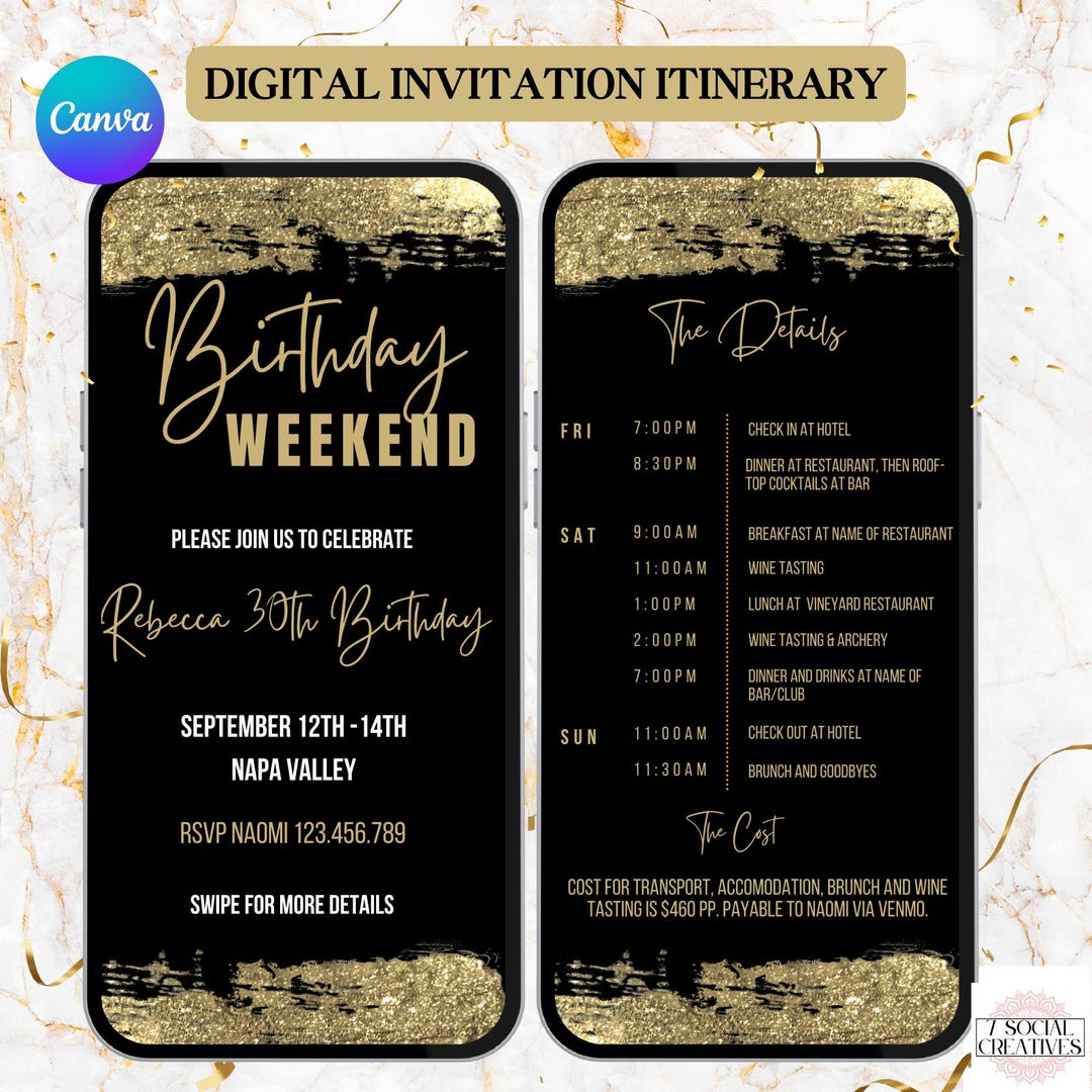 Birthday Weekend Itinerary Invitation Black and Gold. Digital Animated ...