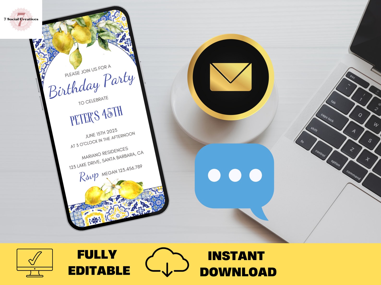 Blue Tiles and Lemon Birthday Party Invitation. Mediterranean - Etsy