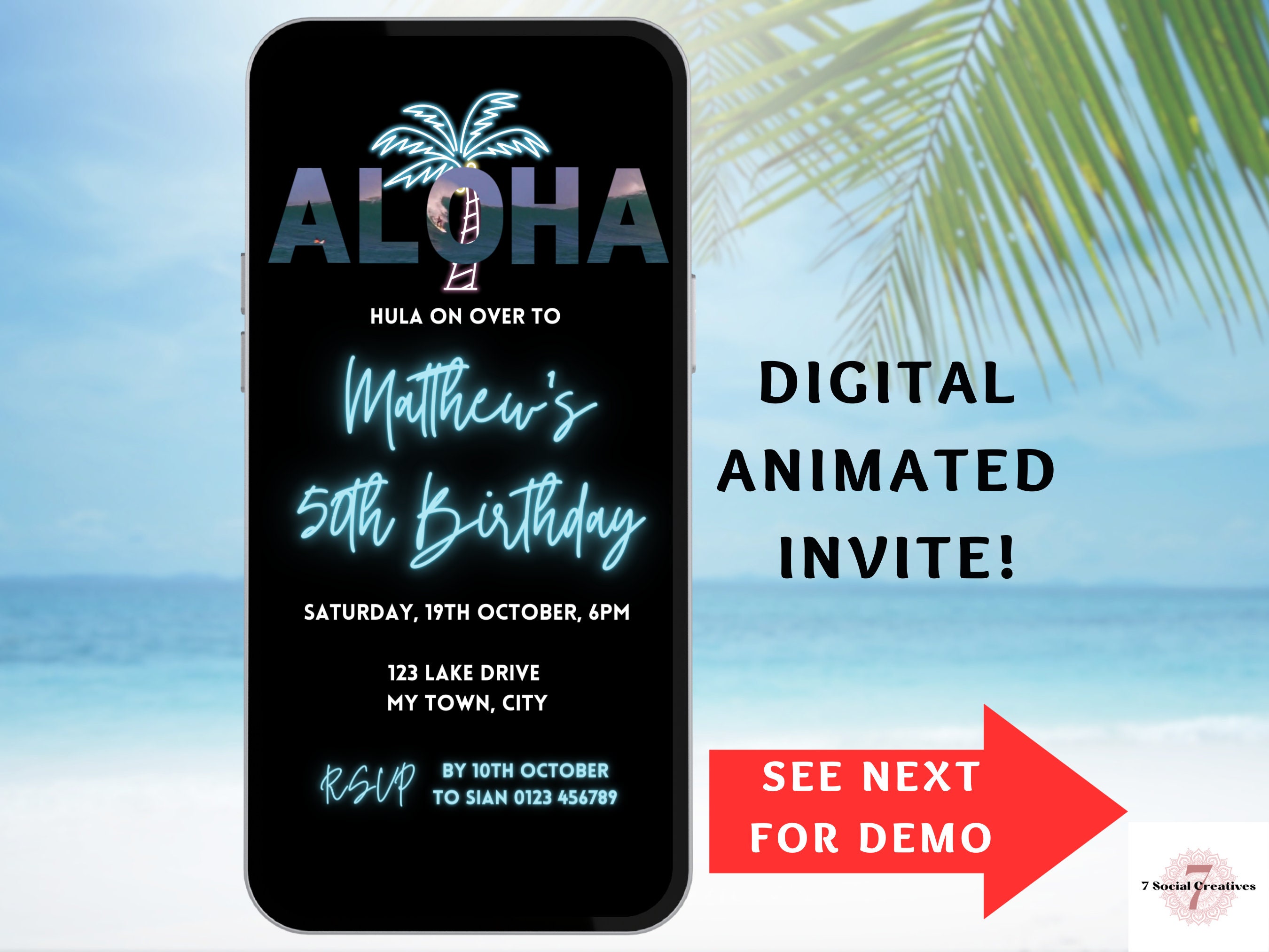 Digital Aloha Invitation. Mens Animated Luau Hawaii Theme Invite in ...