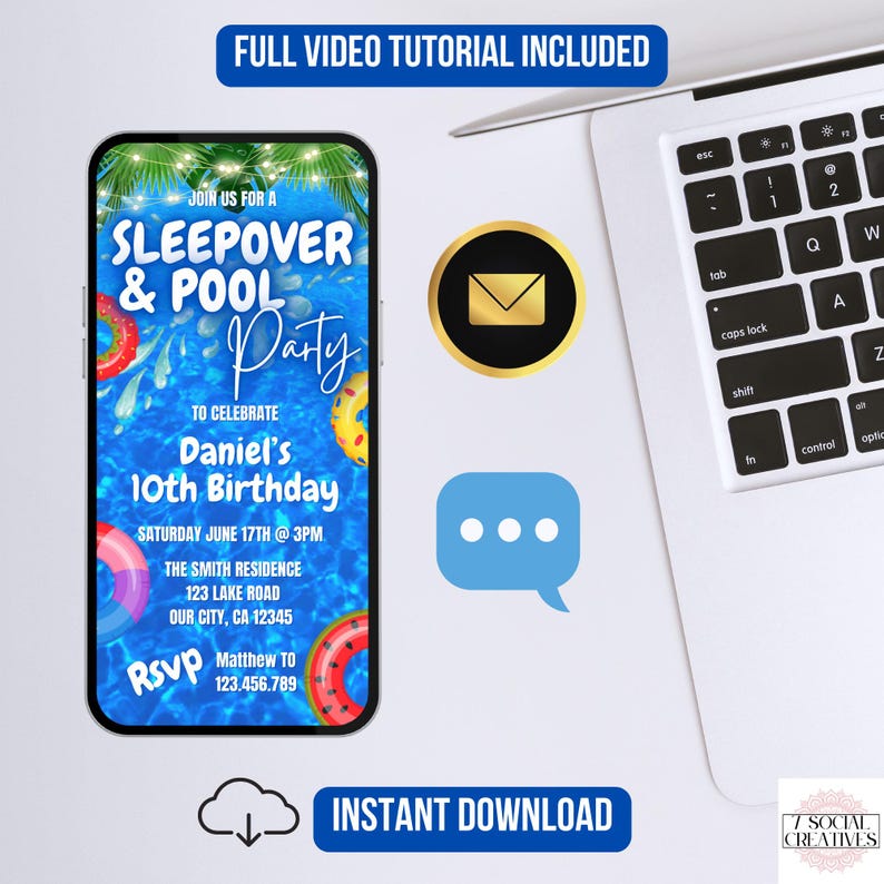 Sleepover and Pool Party Invitation. Digital Animated Boys Blue and ...