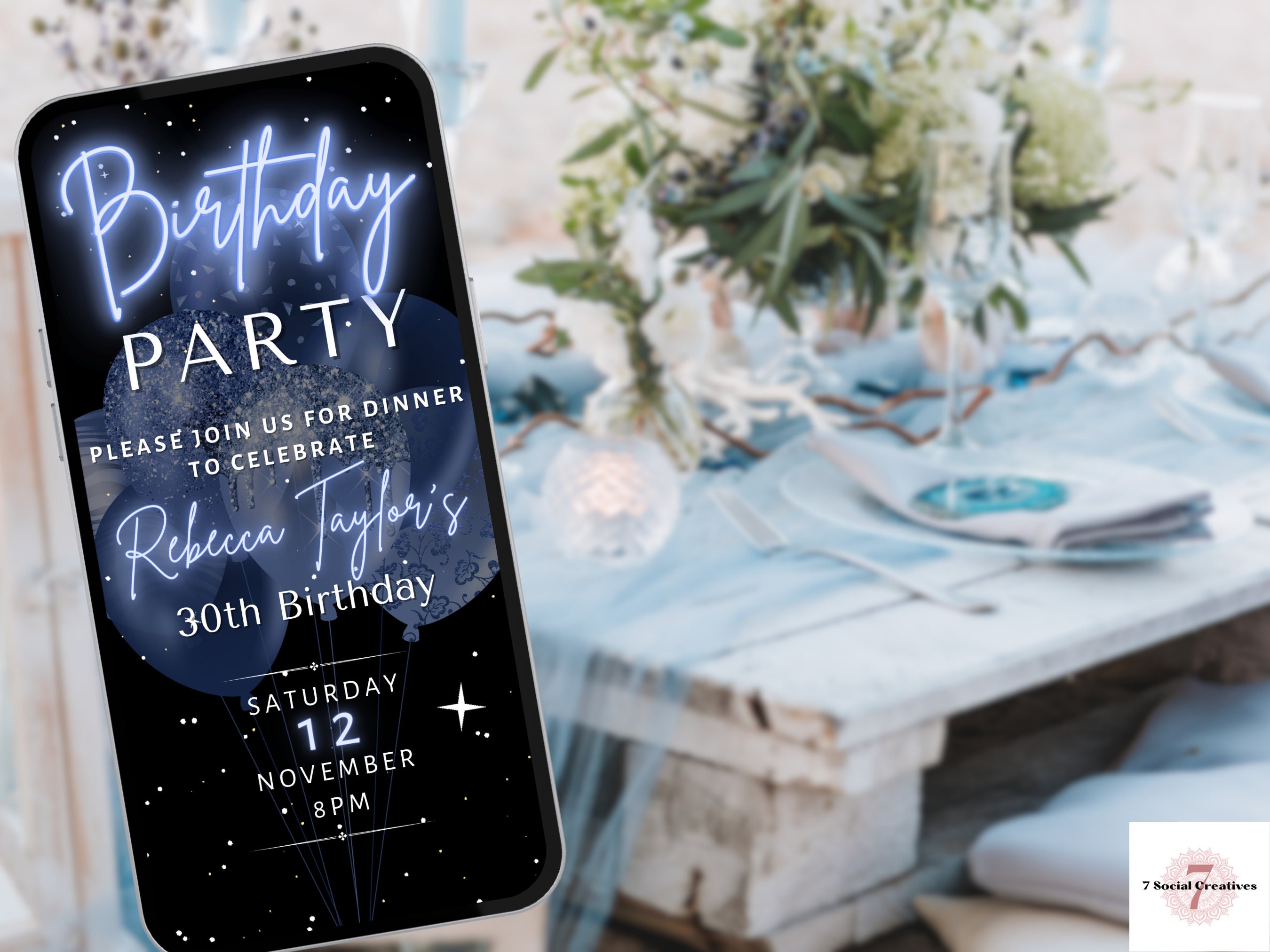 Blue Surprise Birthday Party Invitation. Digital Elegant Balloon Theme ...