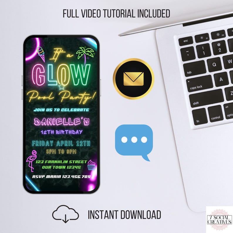 Glow Pool Party Invite. Digital Neon Glow in the Dark Birthday ...