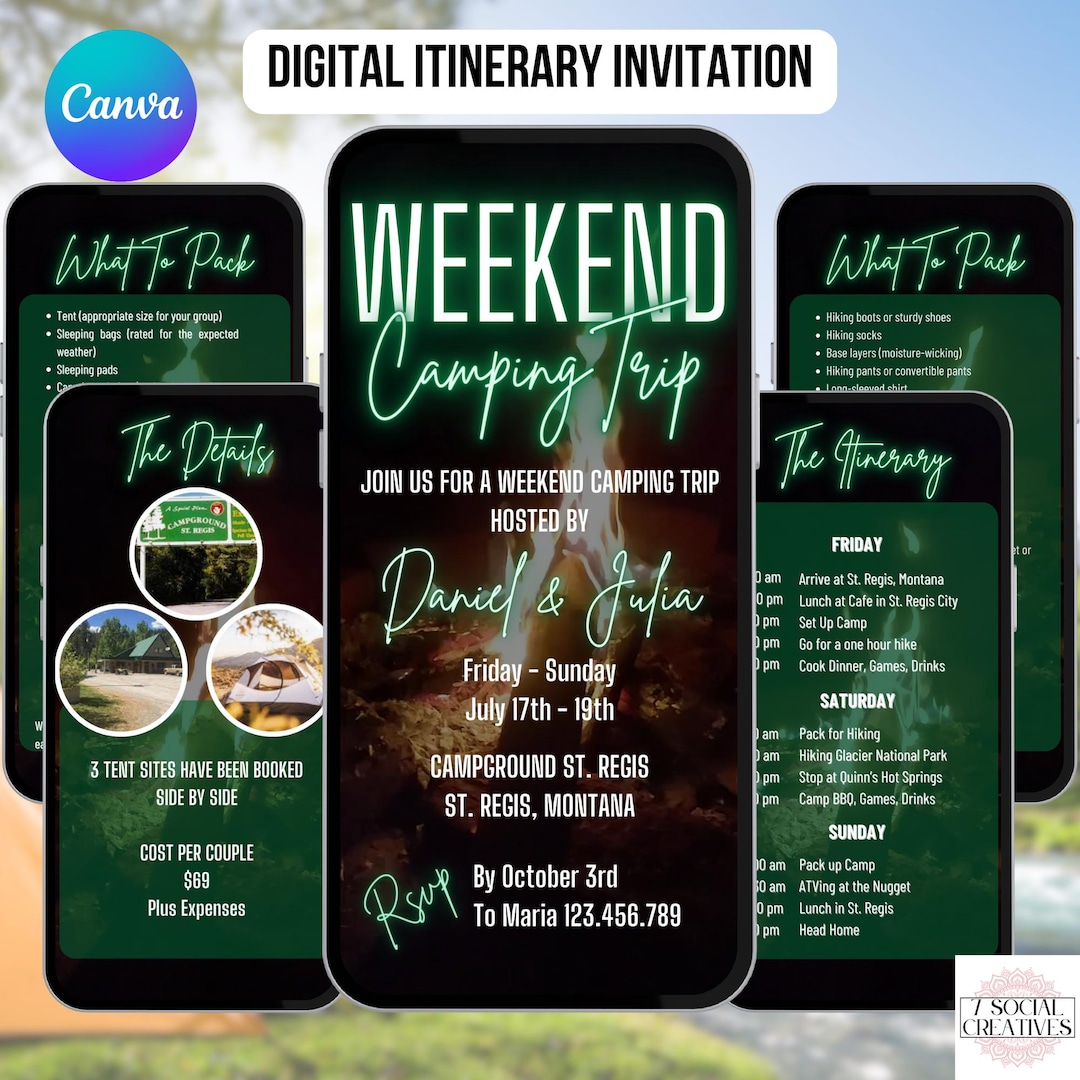 Weekend Camping Trip Itinerary Invitation. Digital Bonfire Friends or ...